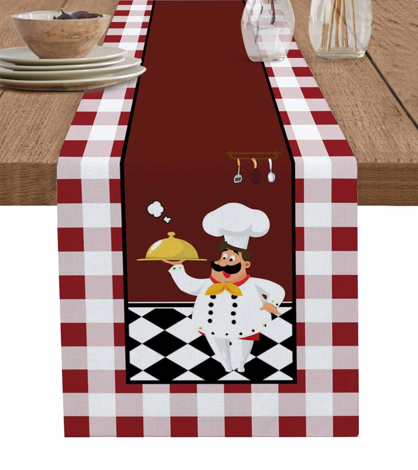 Fat Chef Table Runner 60 Inches, Red Gourmet Kitchen Red Black Buffalo ...
