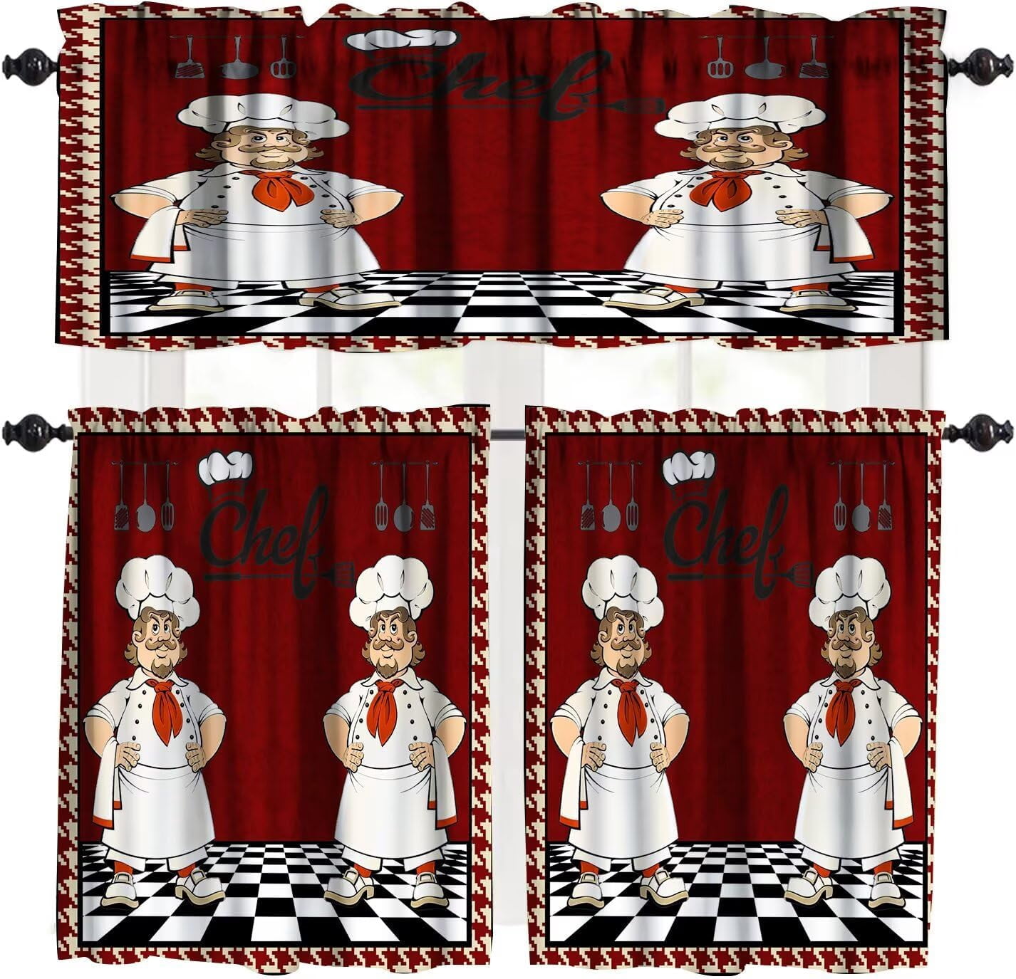 Fat Chief Chef Valances, Cook Gourmet Food Checkered Plaid Backdrop Rod ...