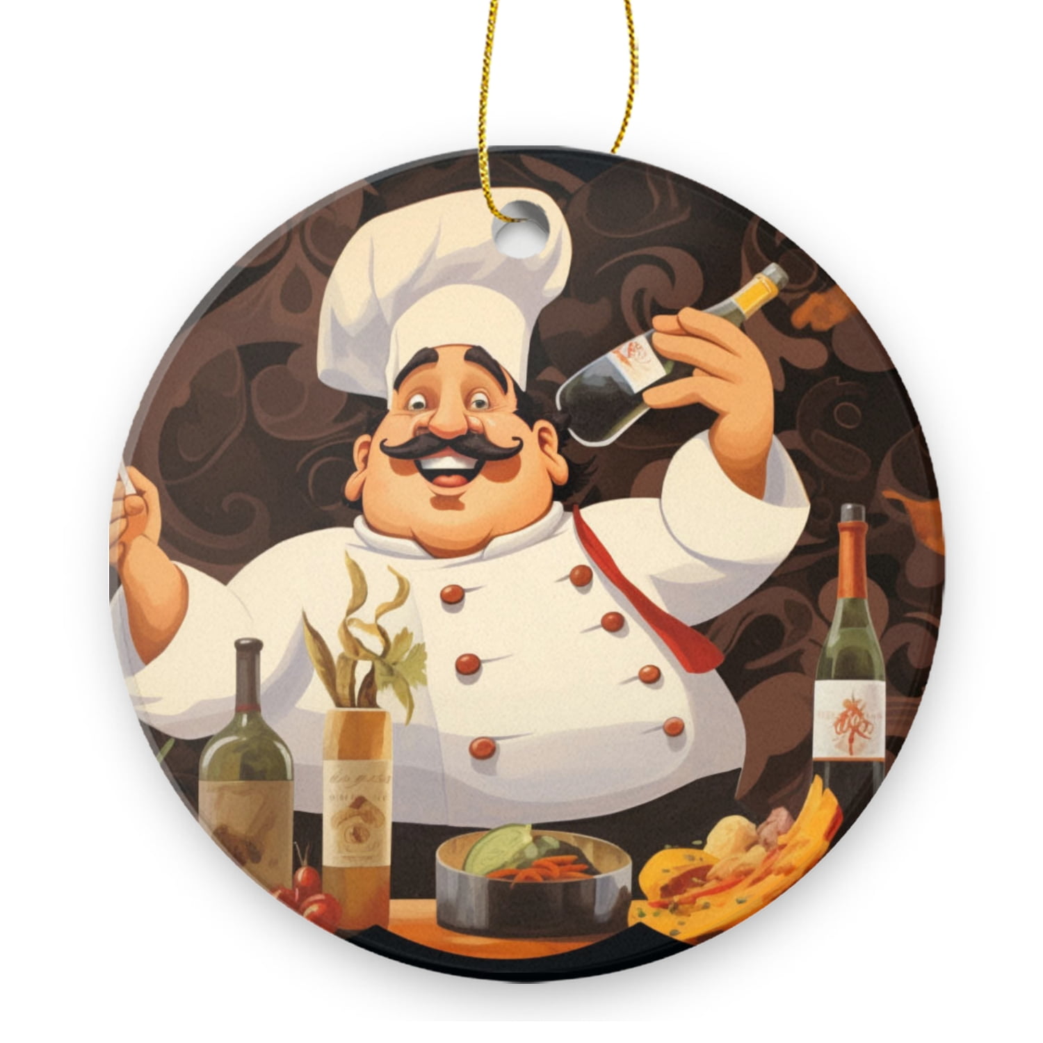 Fat Happy Chef With Mustache Holding Wine Bottle And Fork In Front ...