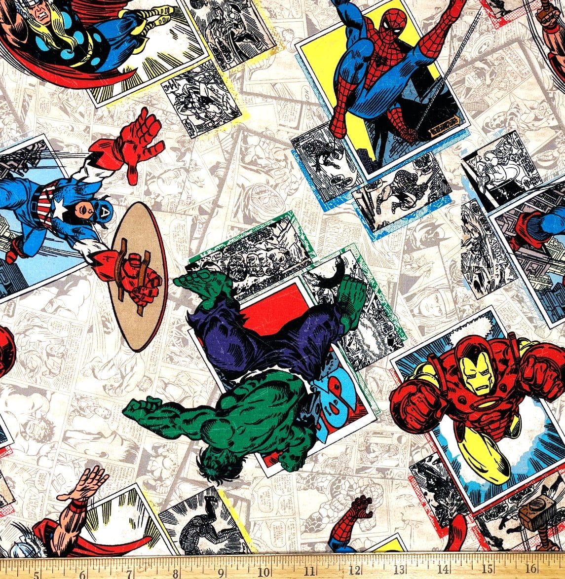 Fat Quarter - Marvel Superheros Tossed Comic Cotton Fabric - Spiderman ...