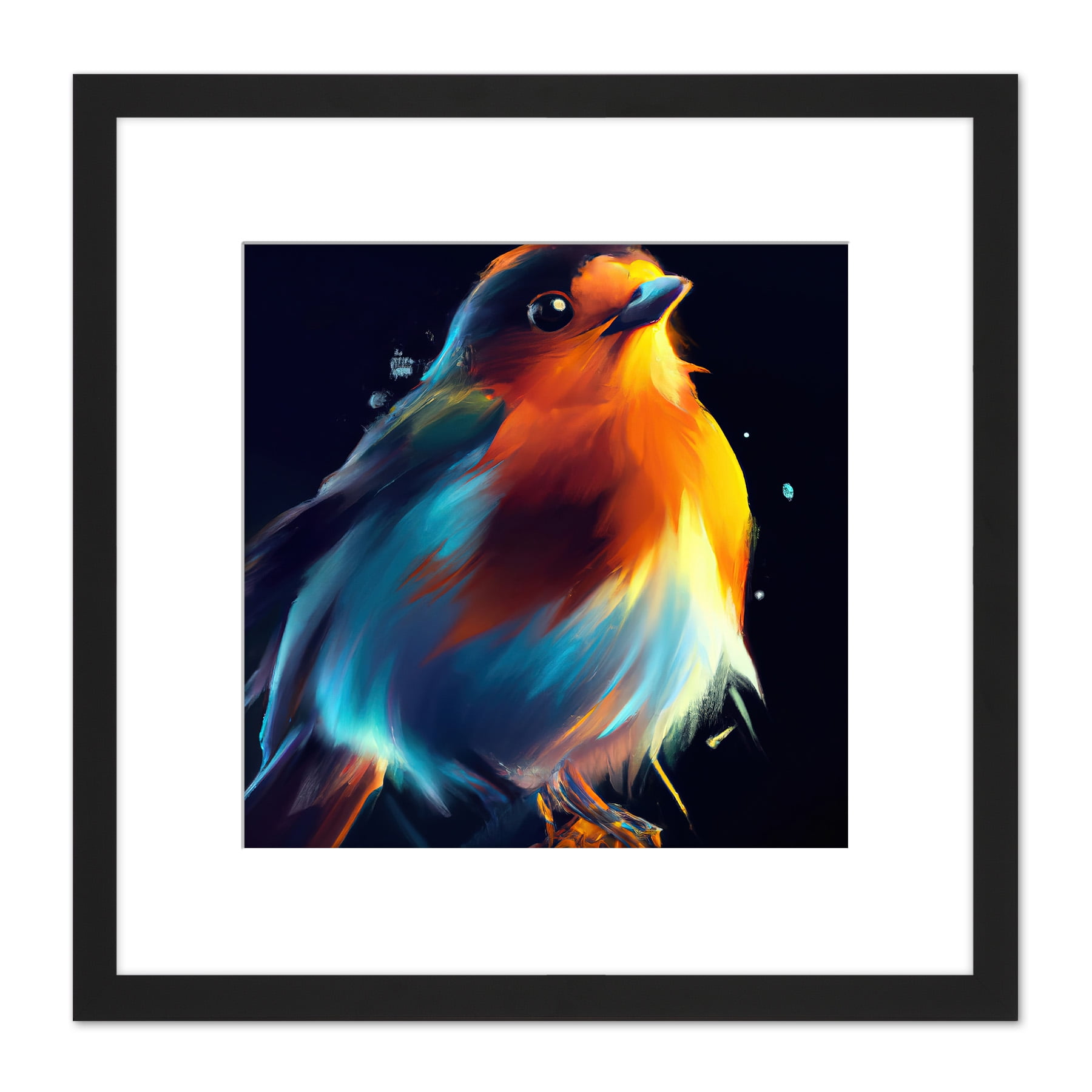 Fat Robin Bird Vibrant Acrylic Orange Blue on Black Painting Square ...