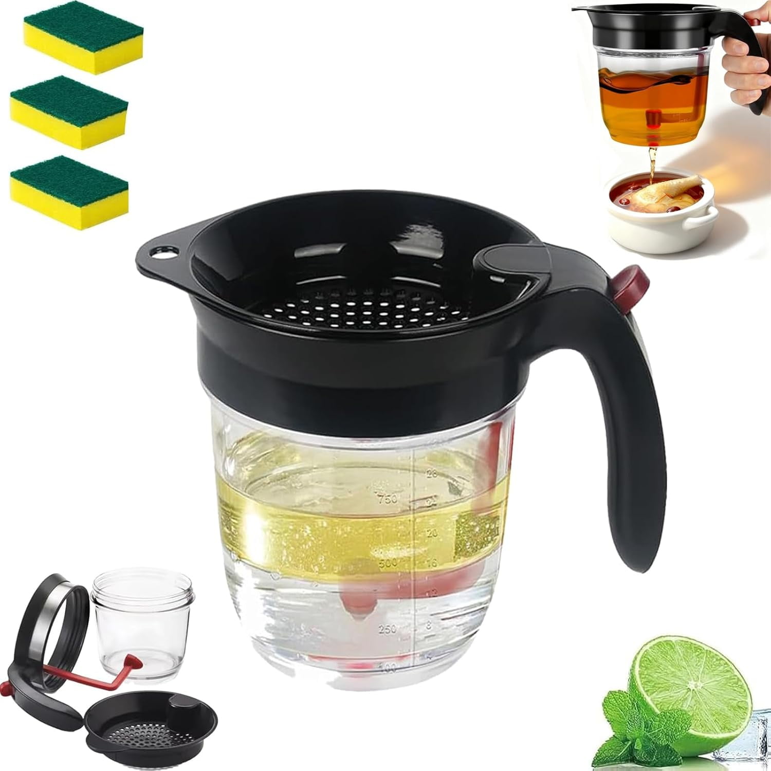 Fat Separator with Bottom Release & Strainer, 33 Oz Grease & Gravy ...