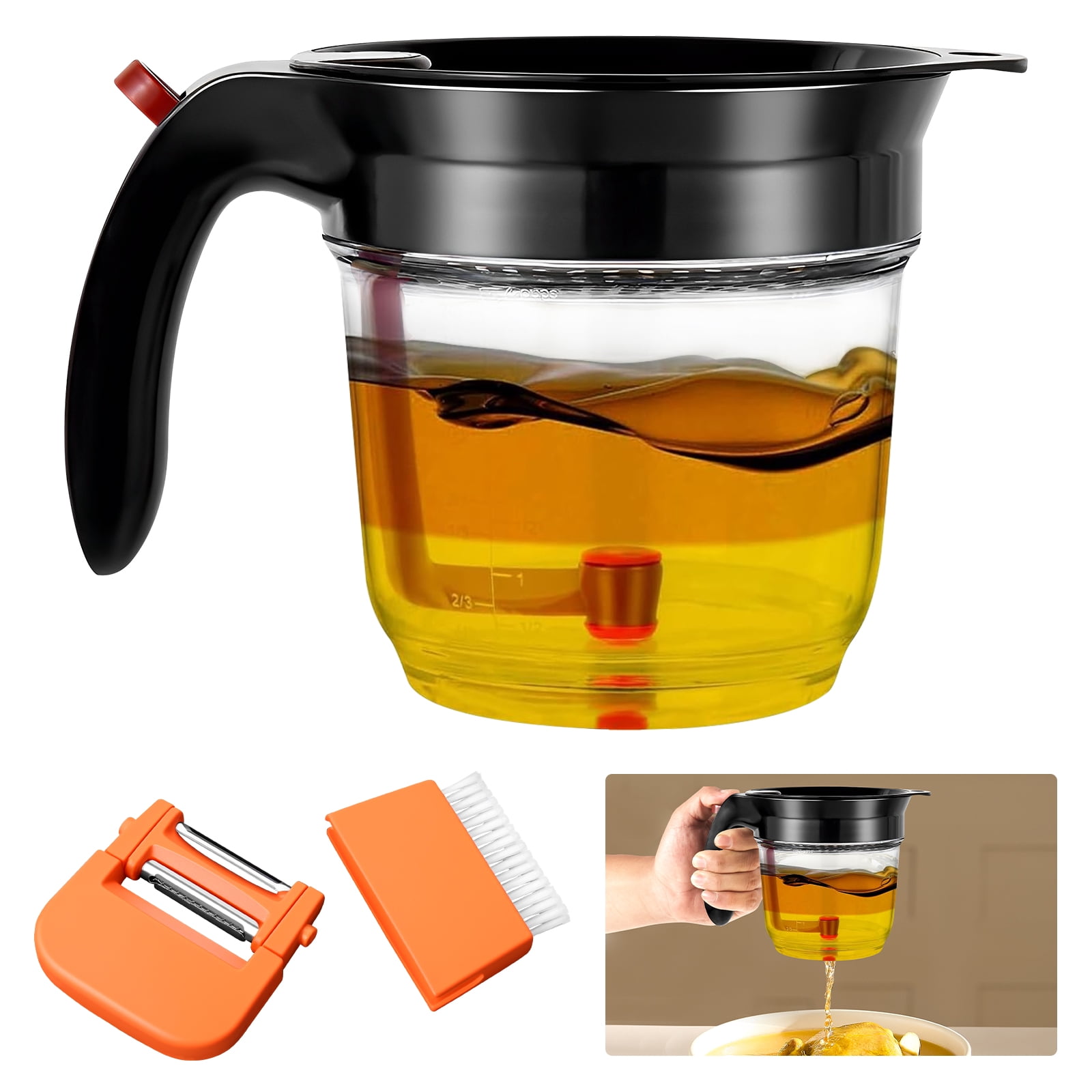 Fat Separator with Strainer and Bottom Release 33 oz Gravy Grease ...