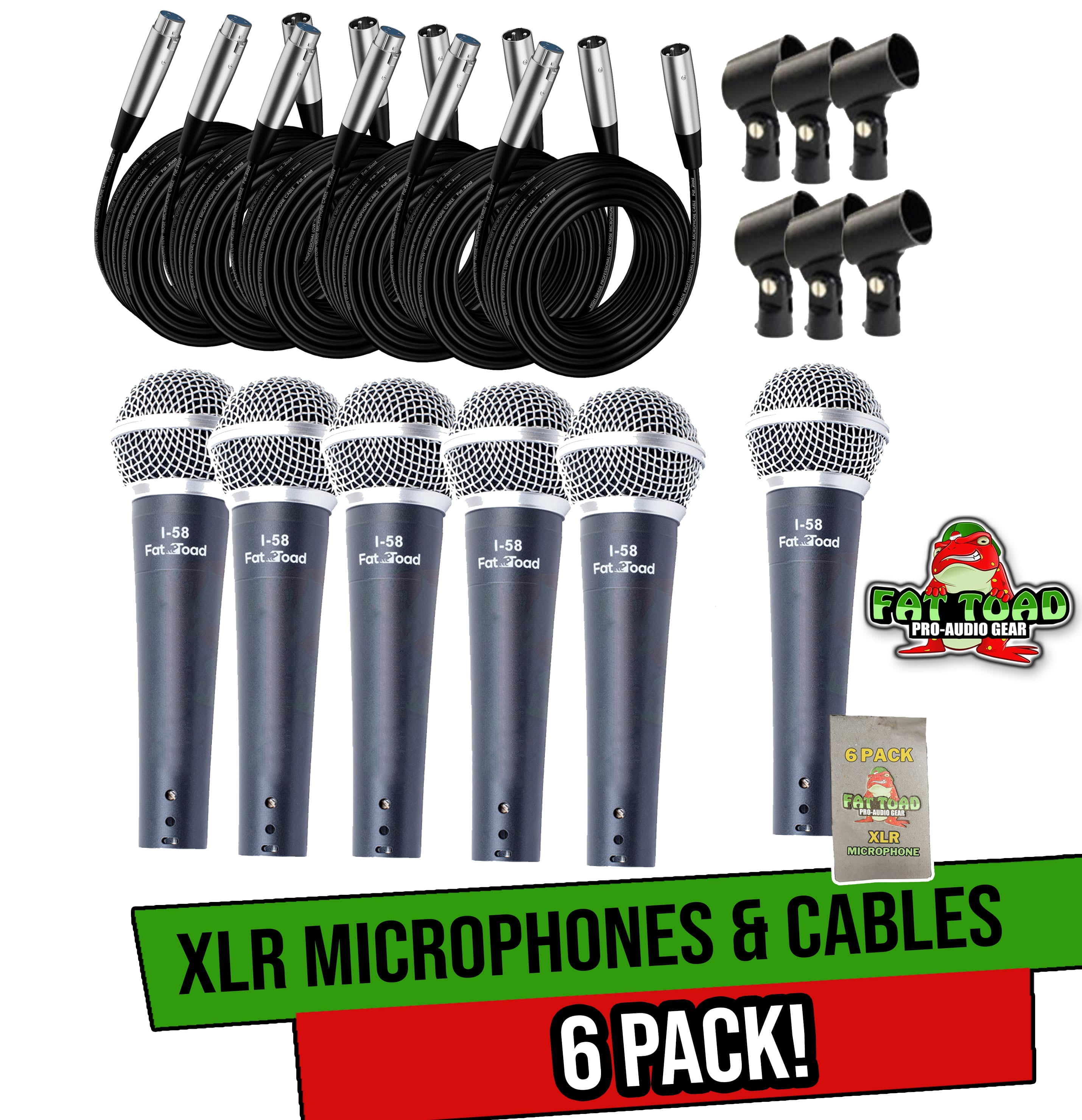 Fat Toad Cardioid Vocal Microphones with XLR Mic Cables & Clips (6 Pack ...