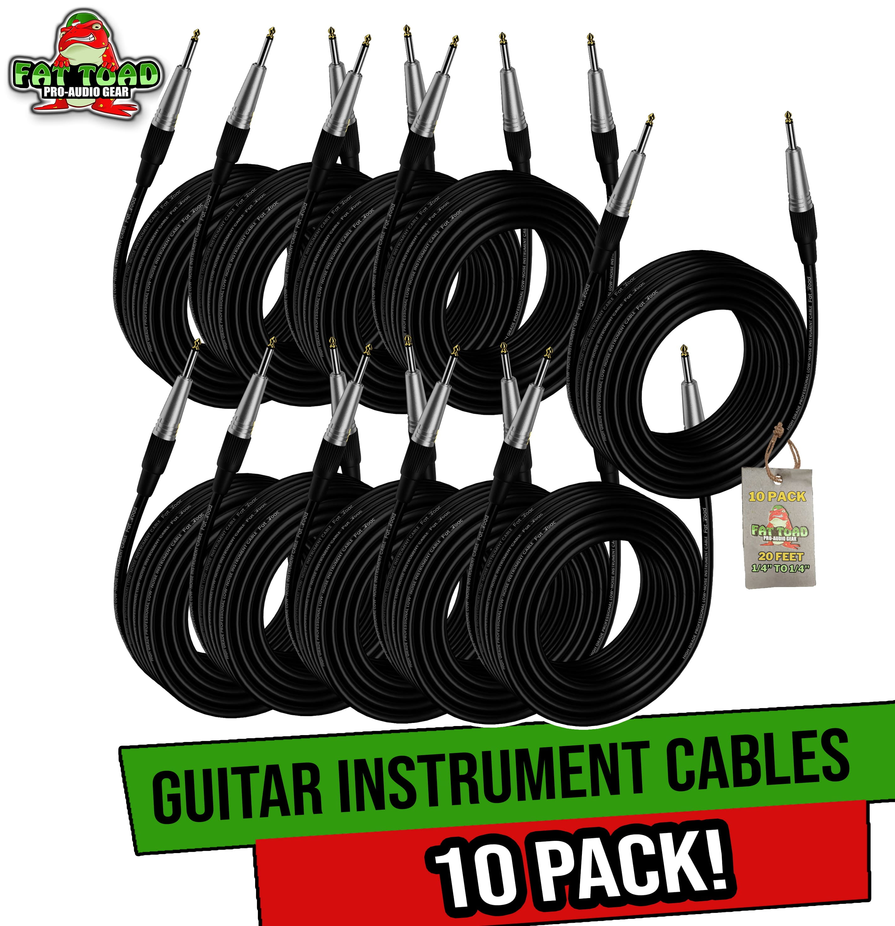 Fat Toad Guitar Cables (10 Pack) Instrument Cords - 20 AWG Patch ...