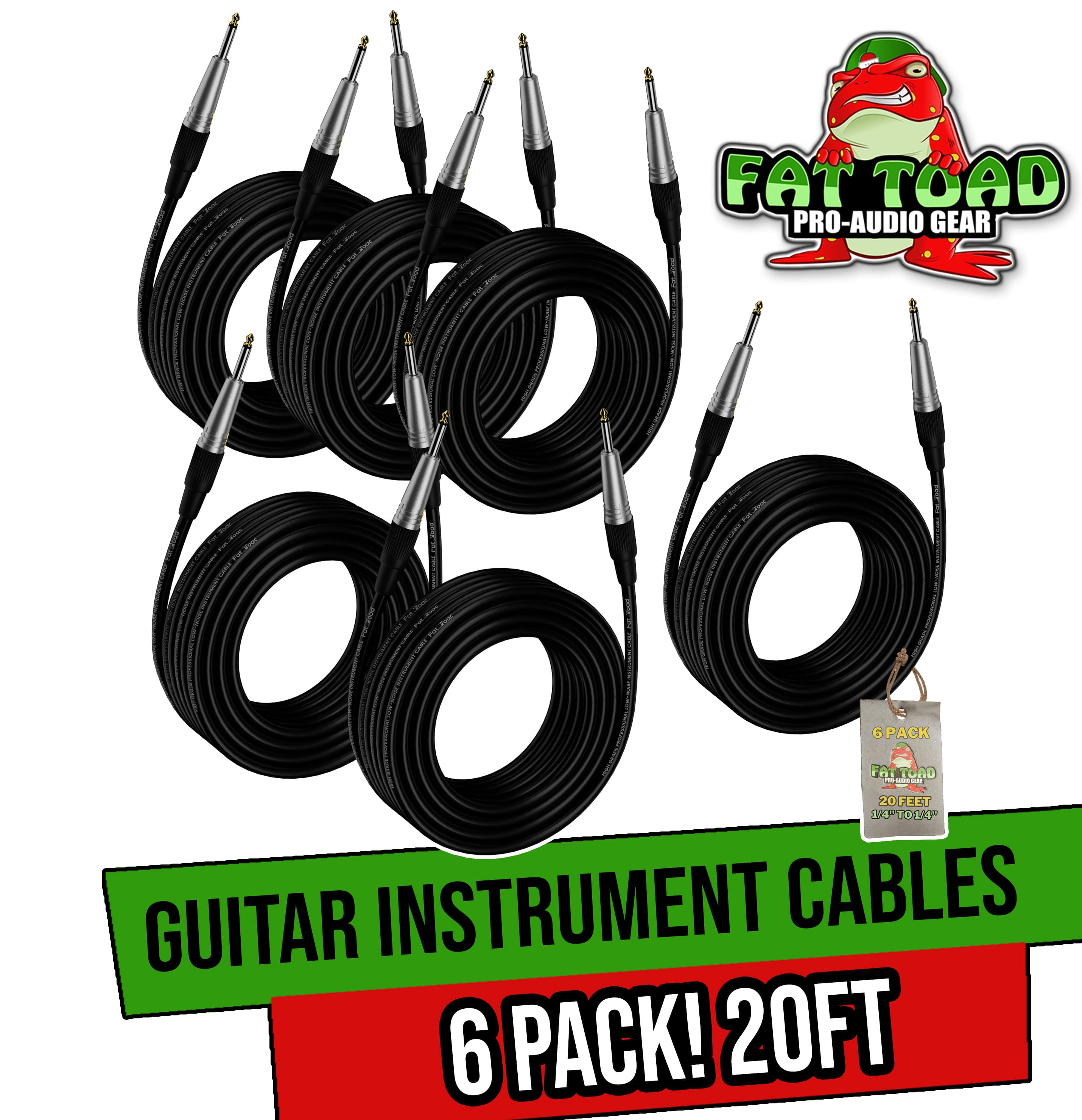 Fat Toad Guitar Cords (6 Pack) Instrument Cable - 20 FT 1/4 Inch ...