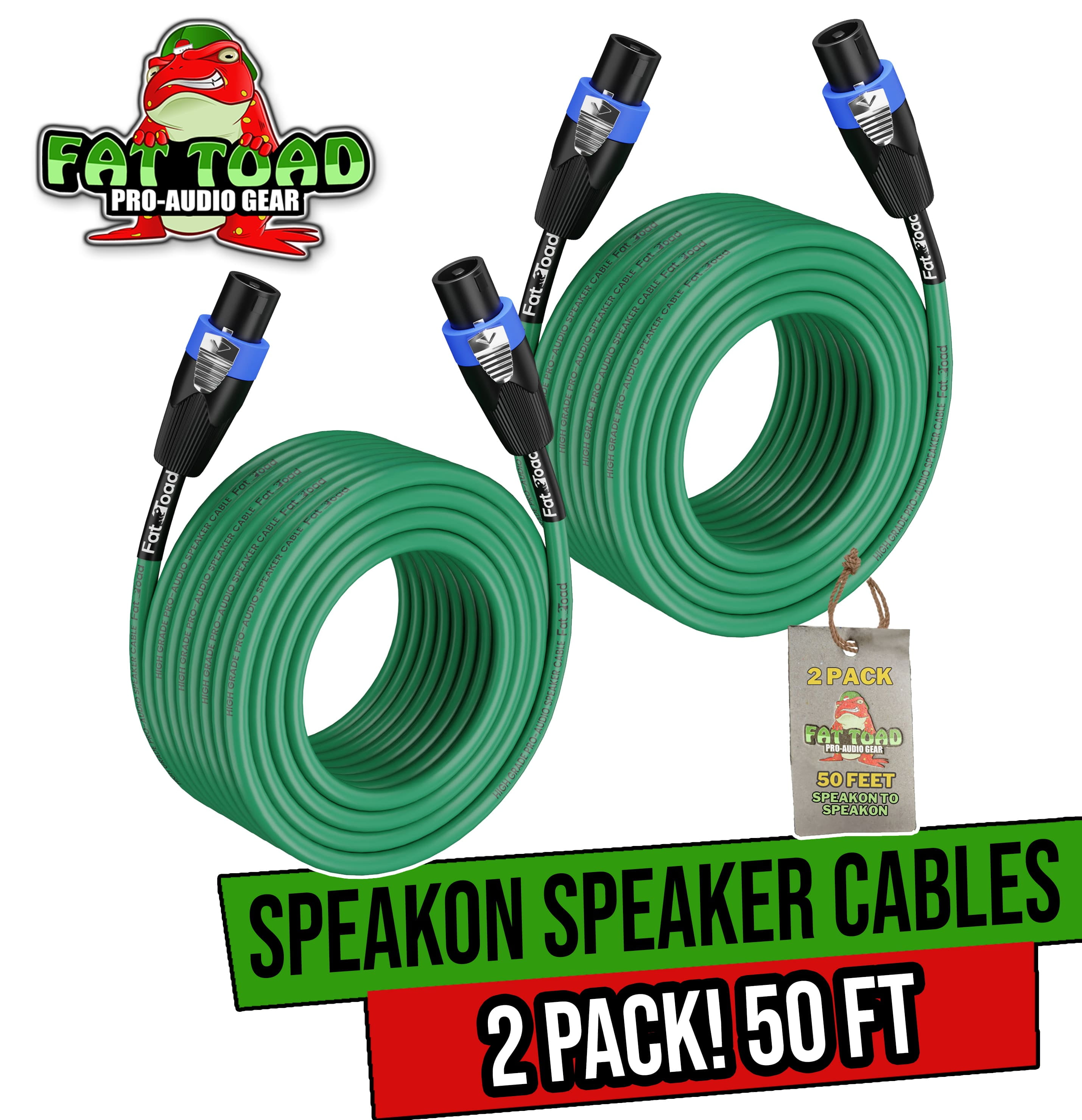 Fat Toad Speakon Cables (2 Pack) - 50 ft Professional Pro Audio Green ...