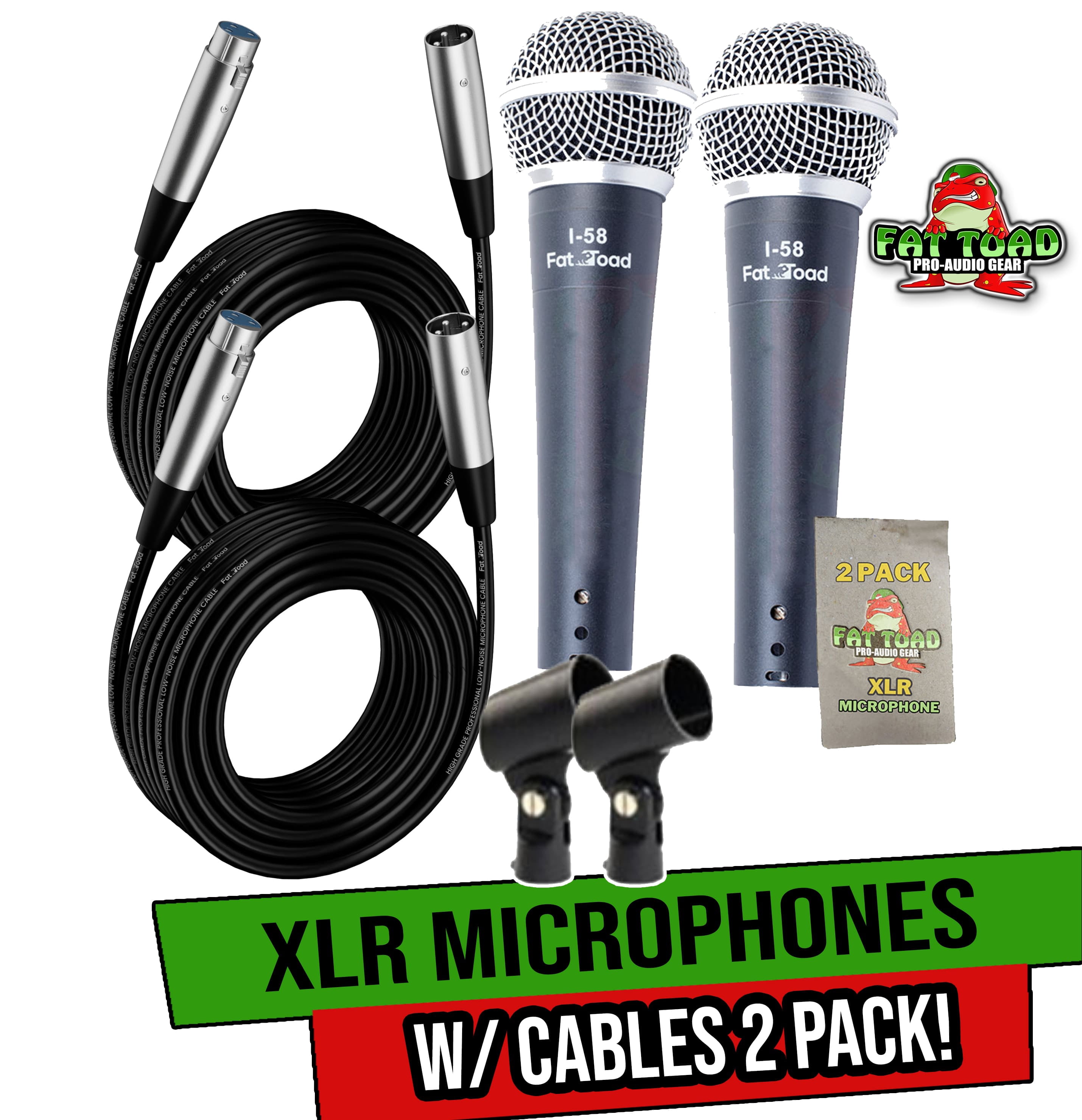 Fat Toad Vocal Microphones with XLR Mic Cables & Clips (2 Pack ...
