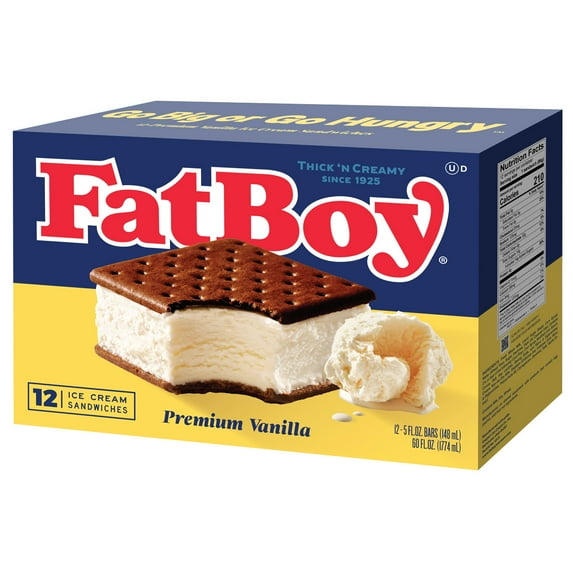 Fatboy Ice Cream Sandwich, Frozen, Premium Vanilla, 5 fl oz, 12 Count ...