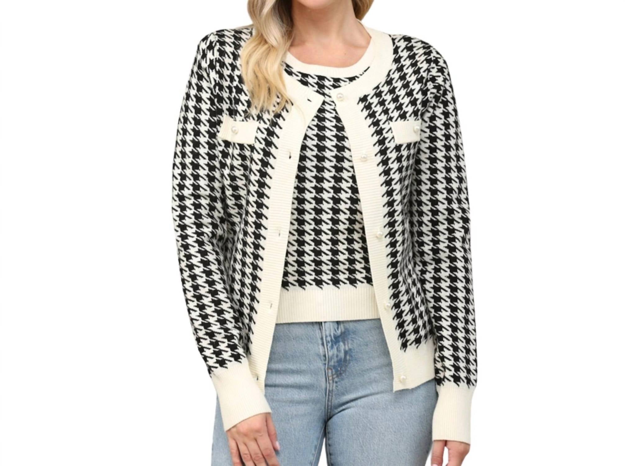 Fate Houndstooth Pearl Button Cardigan And Tank Set - Walmart.com
