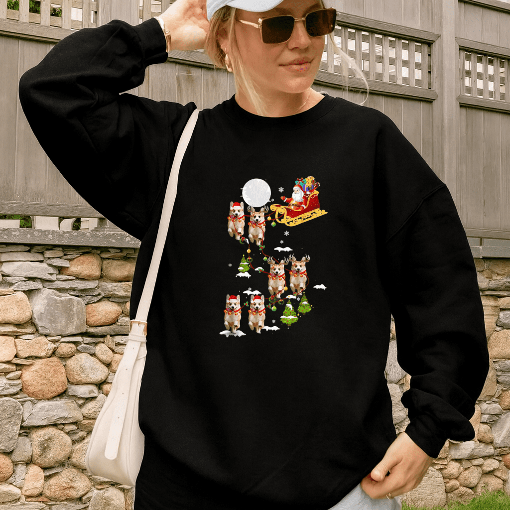 Father Christmas Riding Corgi Sleigh Reindeer Holiday Dog Fun ...