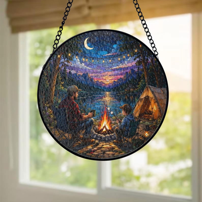 Father Son Camping Stained Glass Suncatcher, Campfire Lake Night ...