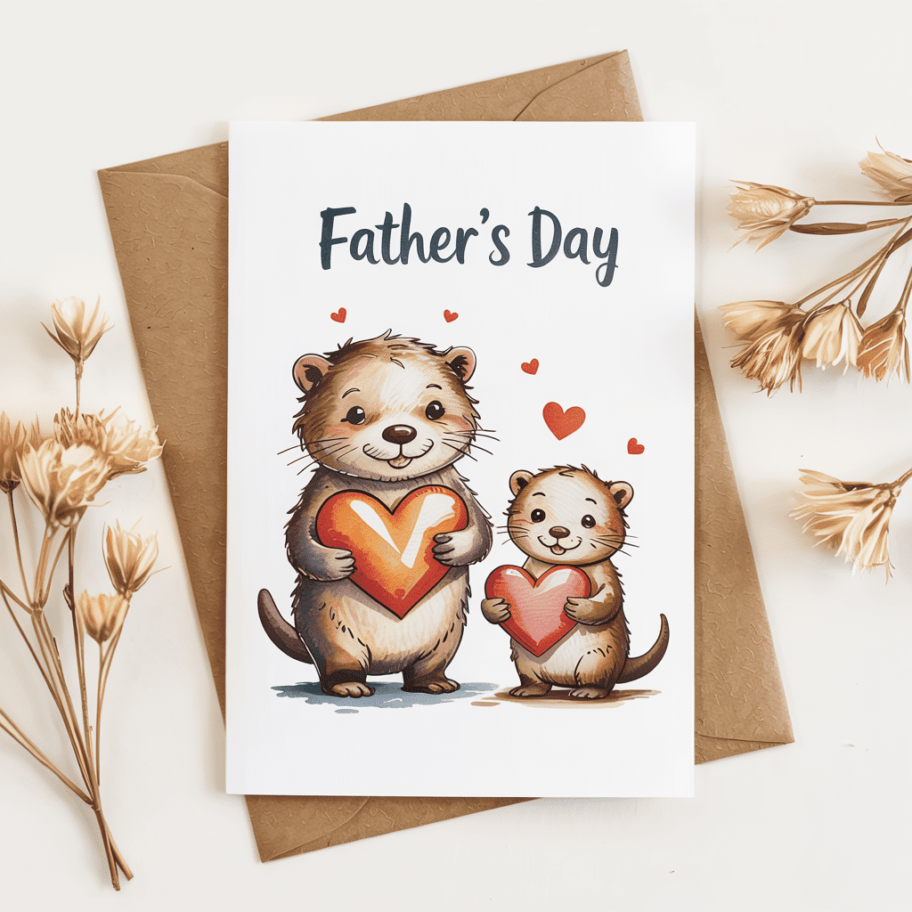 Father's Day Card Featuring Adorable Otters Holding Hearts – Cute ...