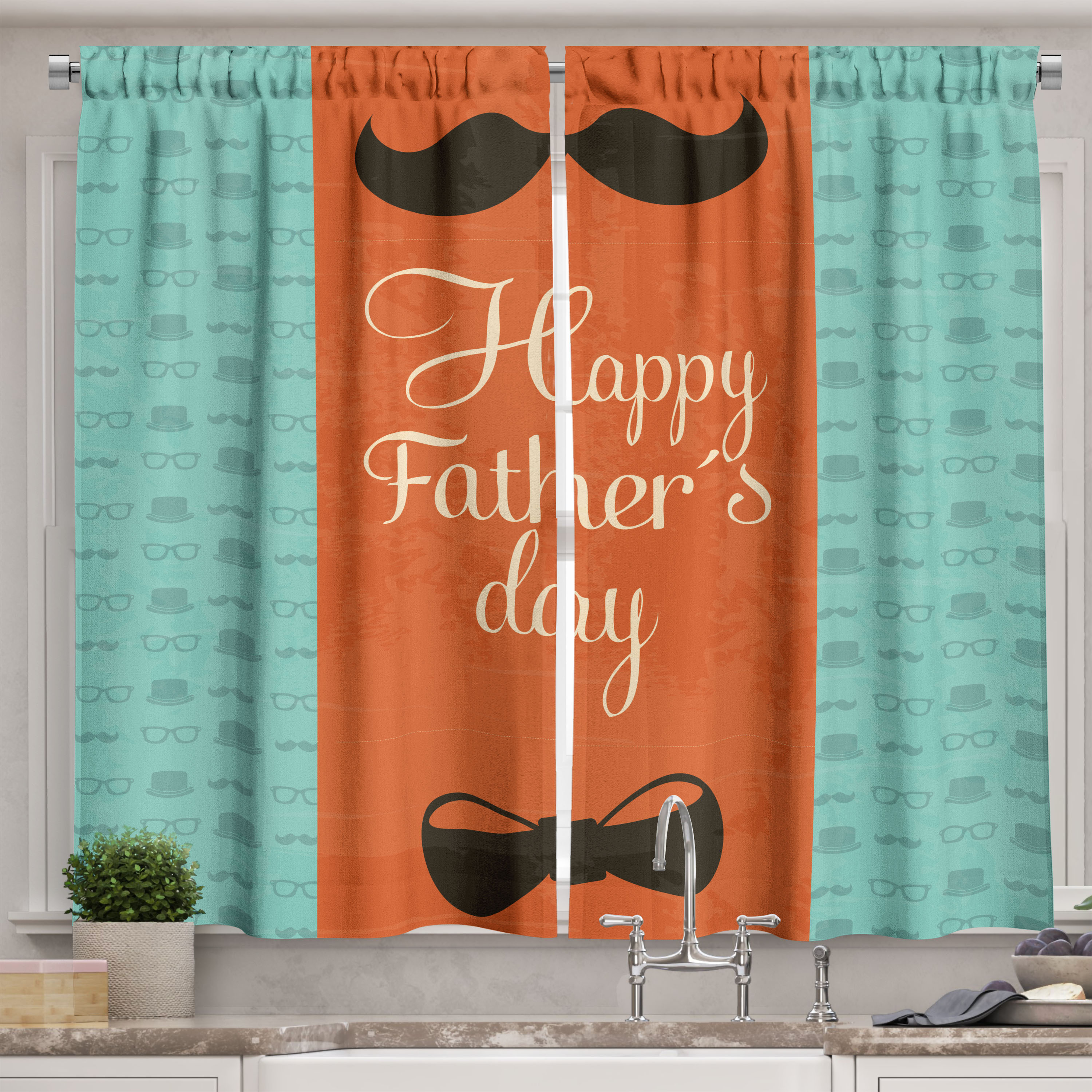 Fathers Day Kitchen Curtains, Retro Composition with Mustache and ...