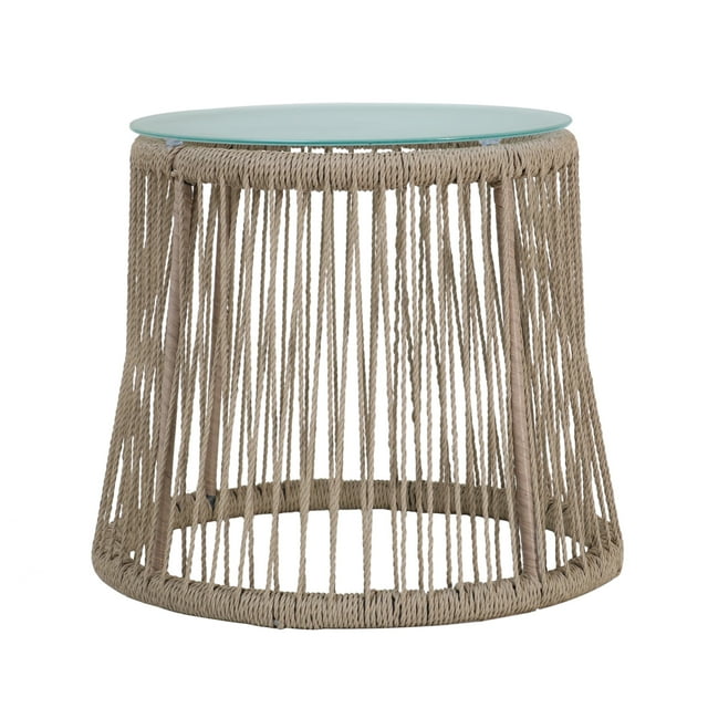 Fatima Outdoor Steel and Rope Side Table with Tempered Glass Table Top ...