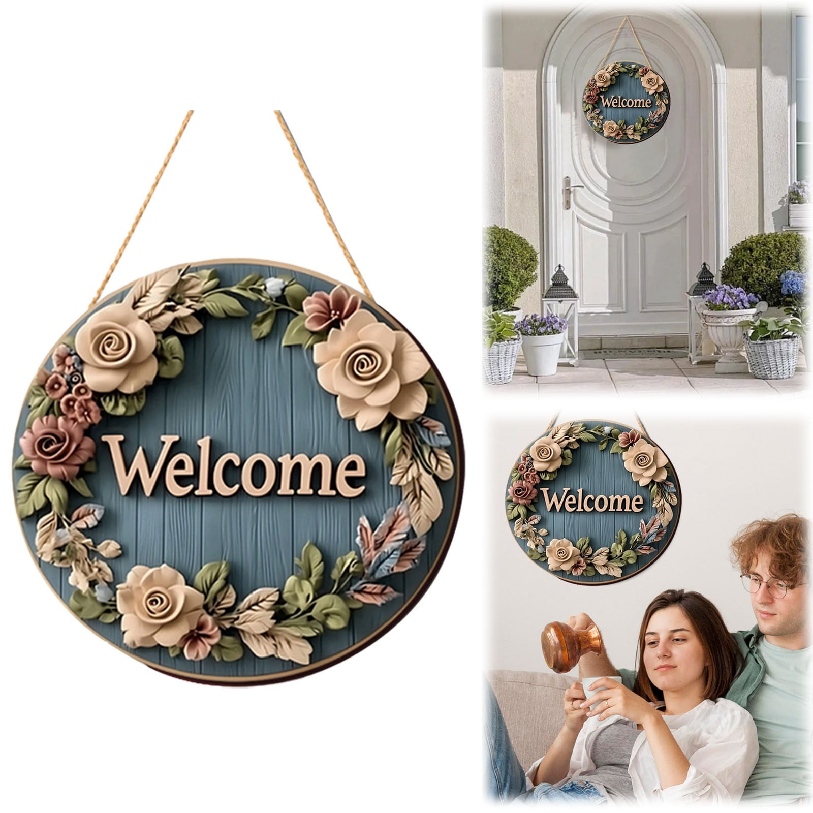 Fattazi Spring Welcome" Wooden Door Hanger – Circular Wood Sign For ...