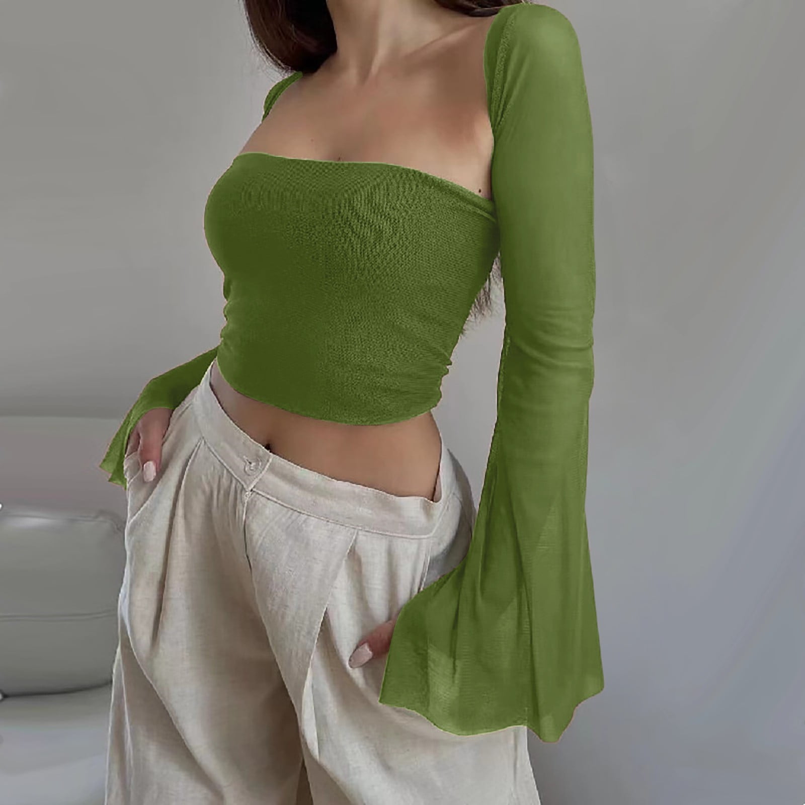 Fattazi Womens Solid Bra Crop Top Vest Mesh Flare Long Sleeve Short Cardigan Sets