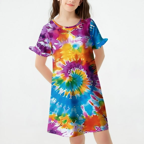 Fatuov Big Girls Summer Dresses Tie-Dye Print Crew Neck Comfy Sleep ...
