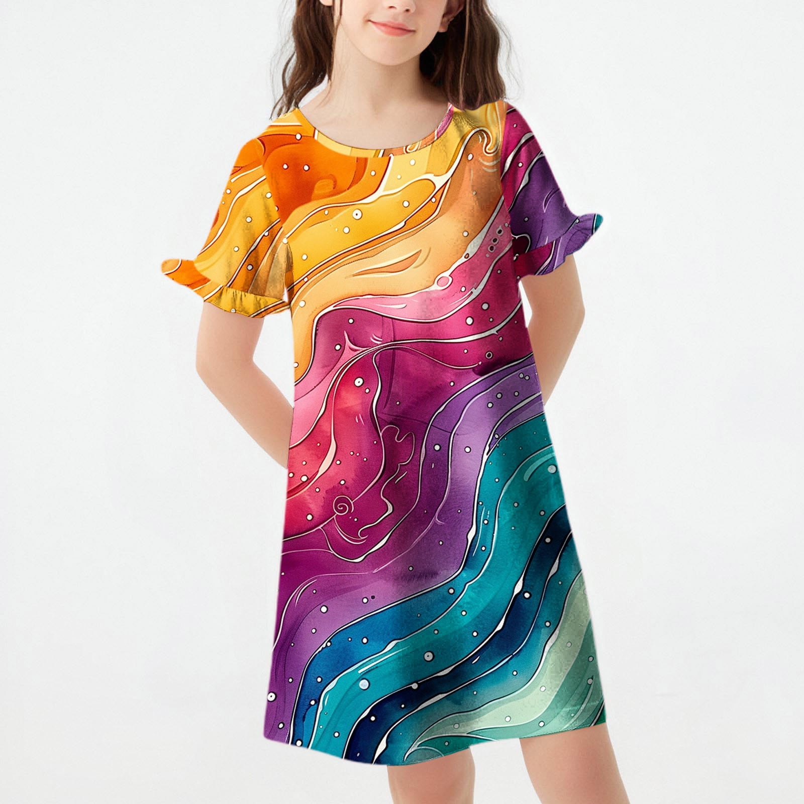 Fatuov Casual Dress for Kids Girls Crew Neck Short Sleeve Comfortable ...