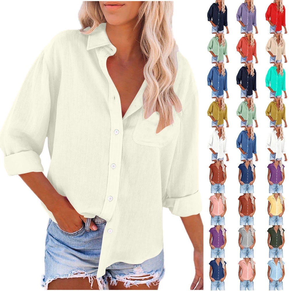 Fatuov Button Up Shirts for Women Clearance Cotton Linen Casual Tops Long Sleeve Button Down ...