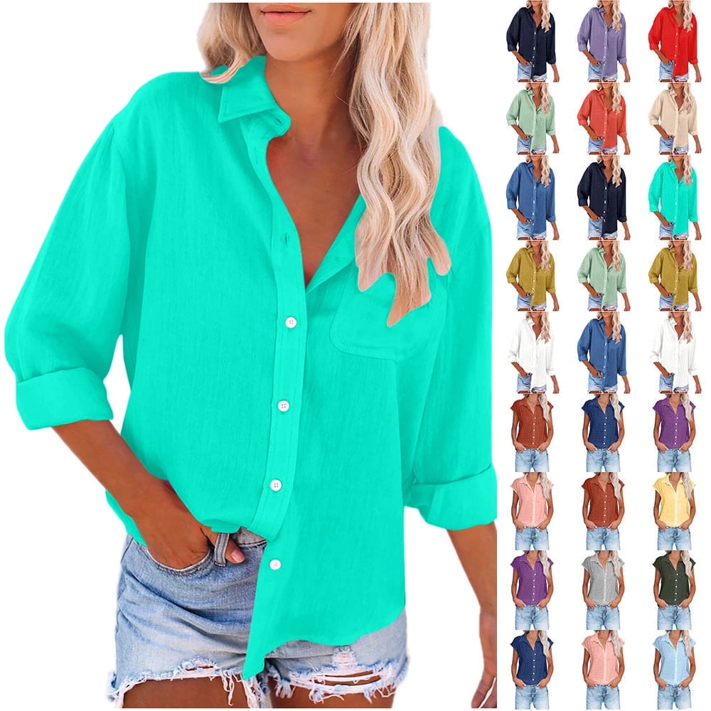Fatuov Button Up Shirts for Women Clearance Cotton Linen Casual Tops ...