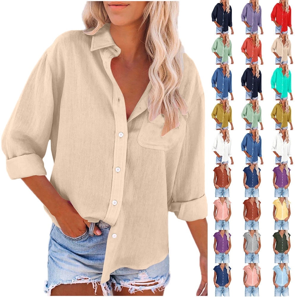 Fatuov Fall Button Up Shirts for Women Cotton and Linen Casual Tops ...