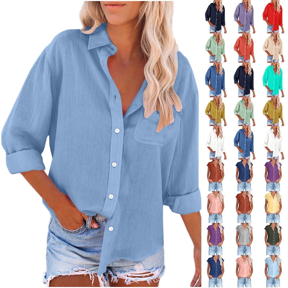 Fatuov Button Up Shirts for Women Cotton Linen Casual Tops Long Sleeve ...