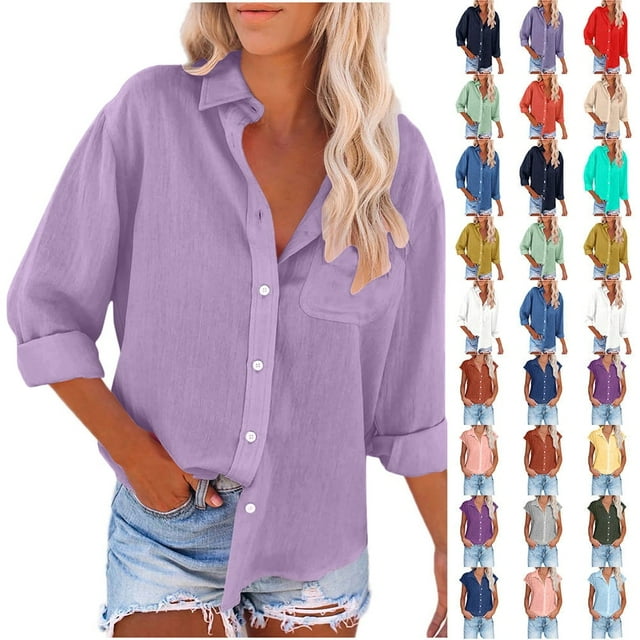 Fatuov Button Up Shirts for Women Clearance Cotton Linen Casual Tops Long Sleeve Button Down ...
