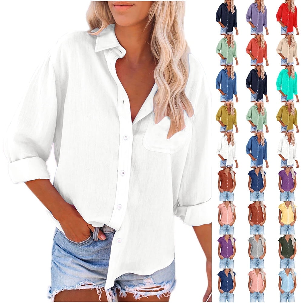 Fatuov Button Up Shirts for Women Clearance Cotton Linen Casual Tops Long Sleeve Button Down ...