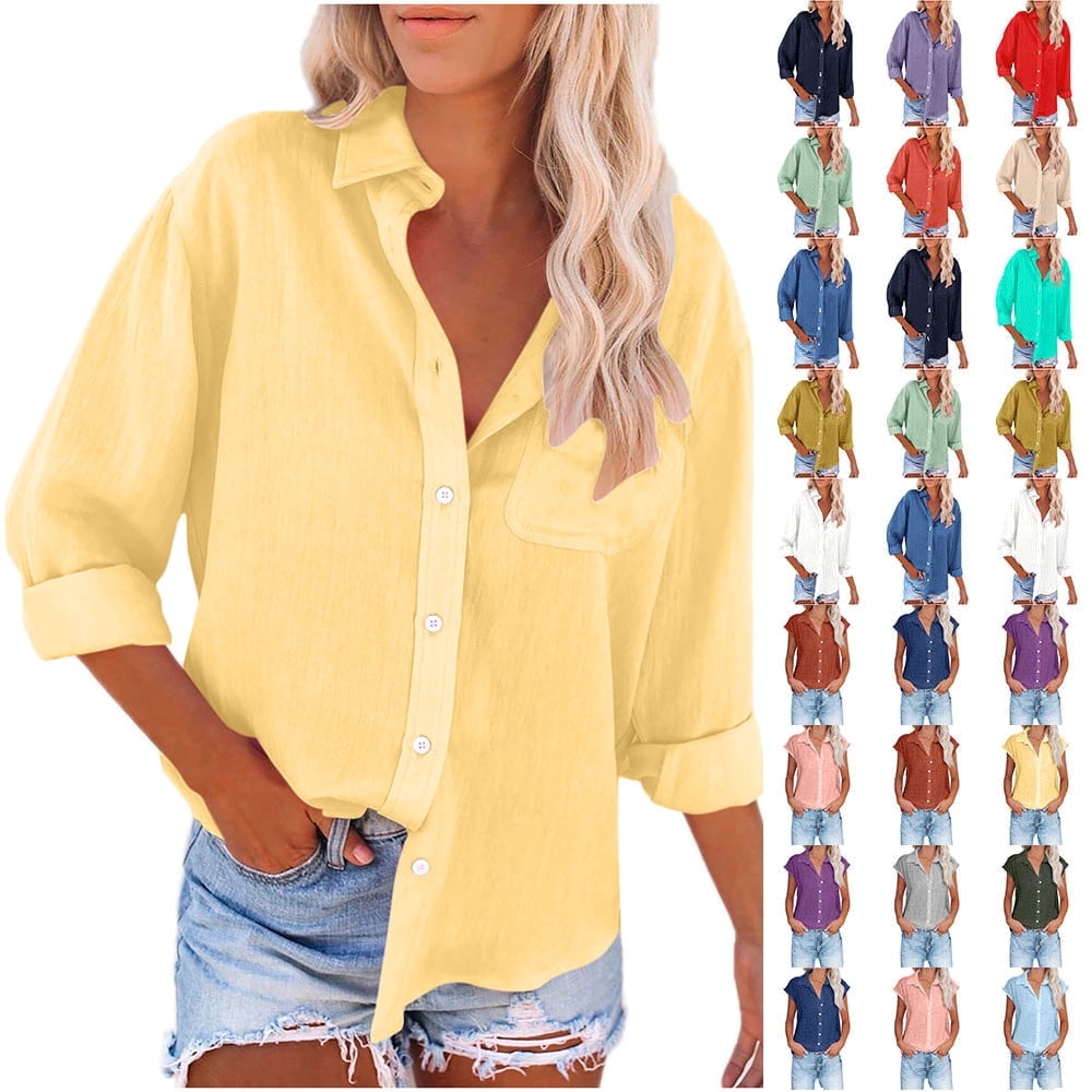 Fatuov Button Up Shirts for Women Cotton Linen Casual Tops Long Sleeve ...