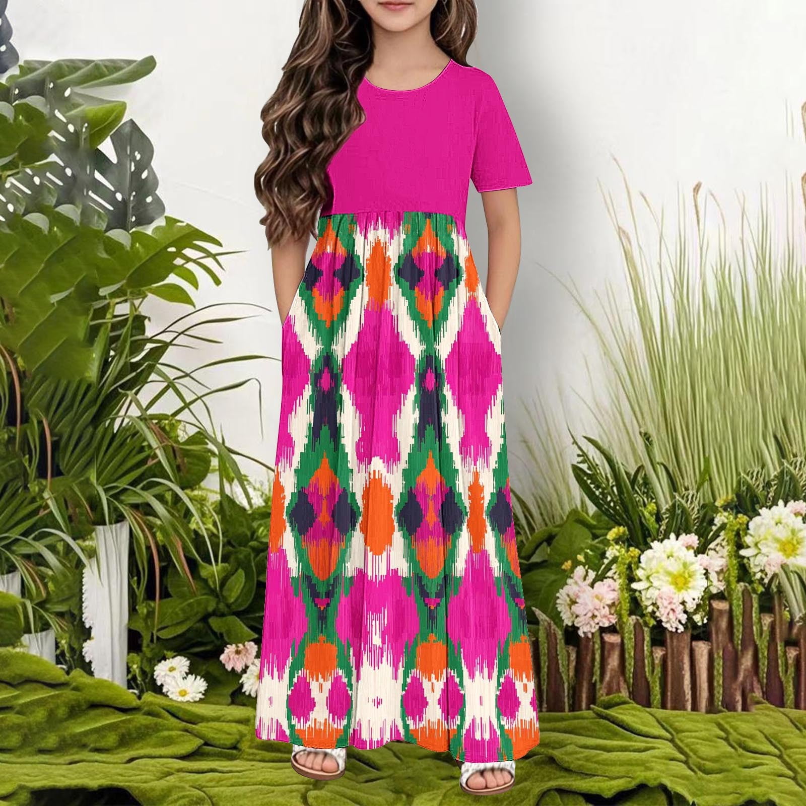 Fatuov Floral Dress for Girls Crew Neck Vintage Print Comfy Long Dress ...