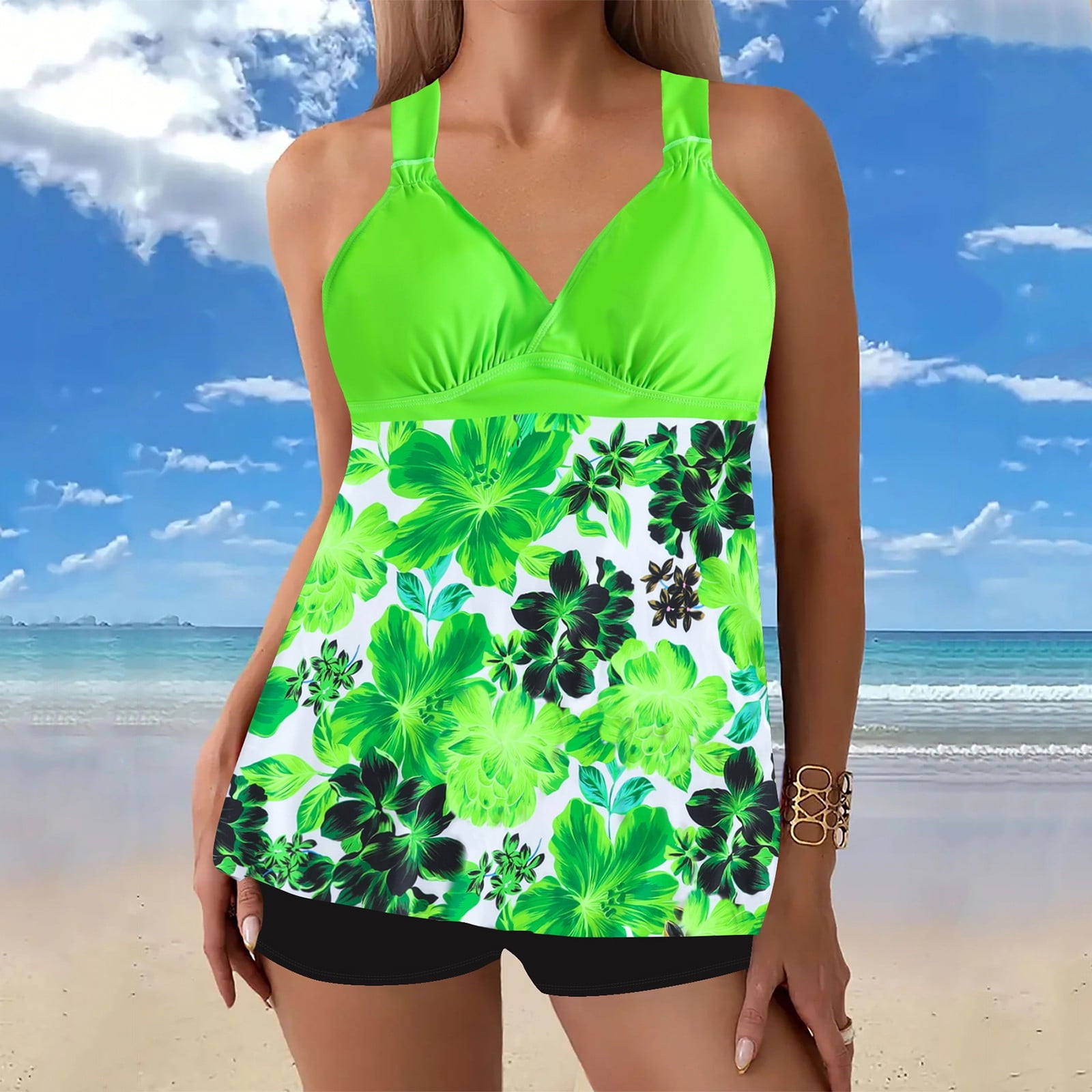Fatuov Floral Print Tankinis For Women Plus Size Beach Bathing Suits Fashion Summer High Waisted
