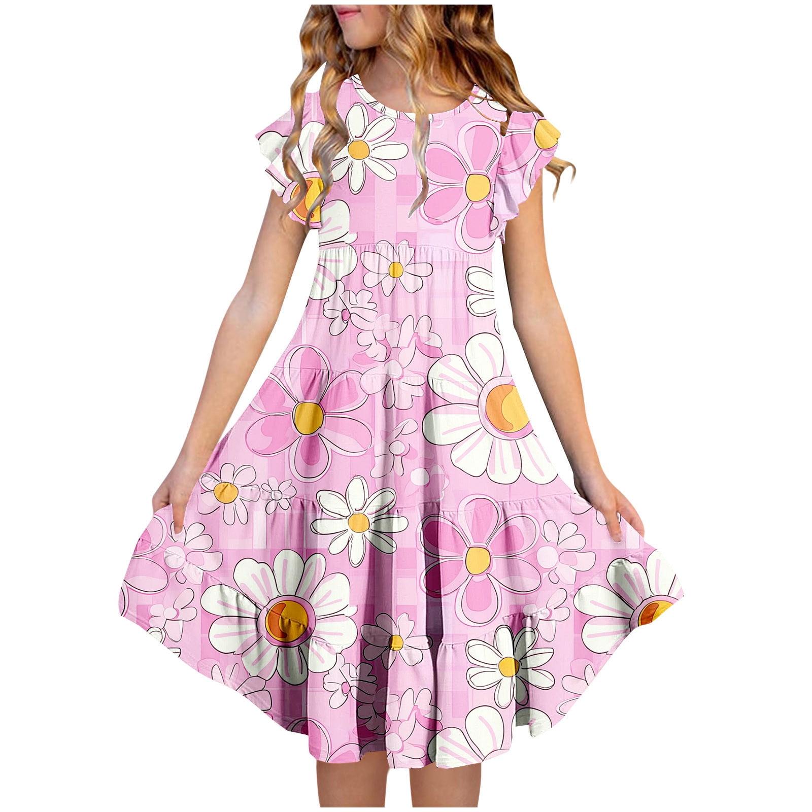 Fatuov Girls Beach Dress Short Sleeve Floral Print Breathable Dress for ...