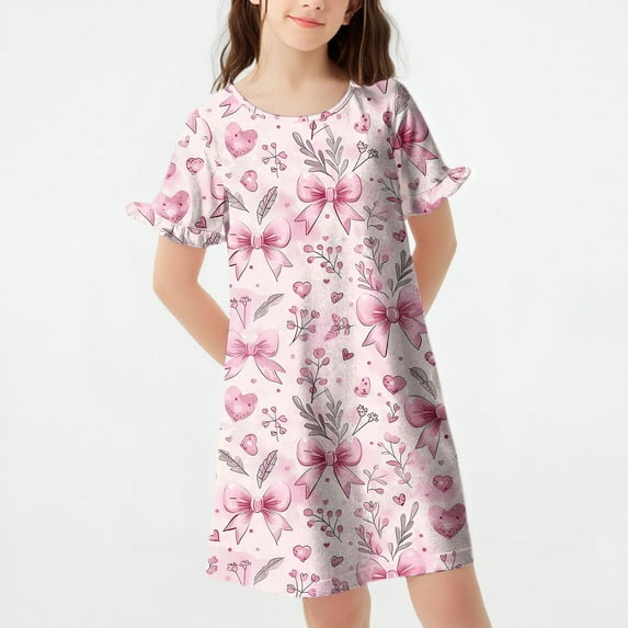 Fatuov Girls Casual Dress Crew Neck Summer Fashion Floral Print Short ...