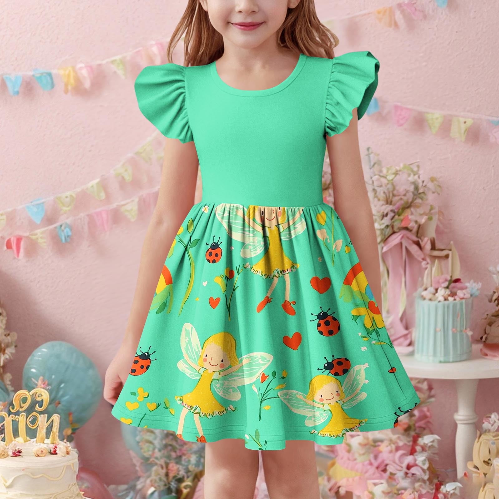 Fatuov Girls Summer Dress Flutter Sleeve Crew Neck Vacation A-Line ...
