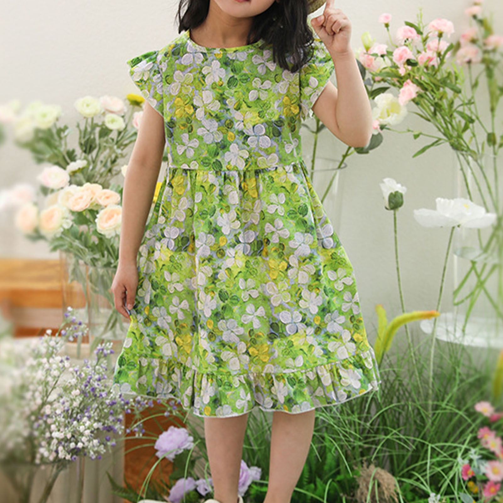 Fatuov Kids Girls Summer Dress Floral Print Short Sleeve Midi Princess ...