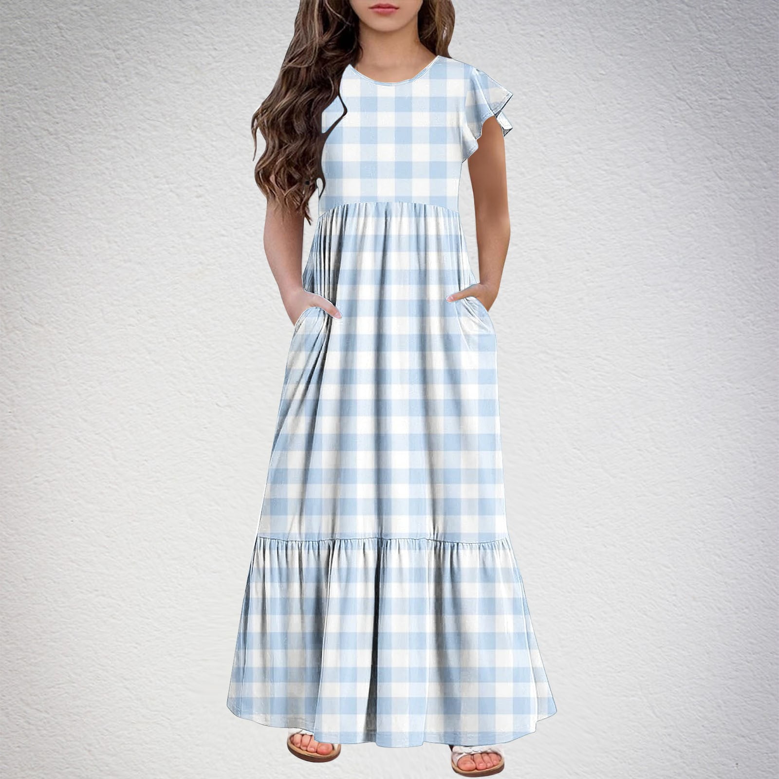 Fatuov Kids Girls Summer Dress Flowy Crew Neck Long Casual Dress Short ...