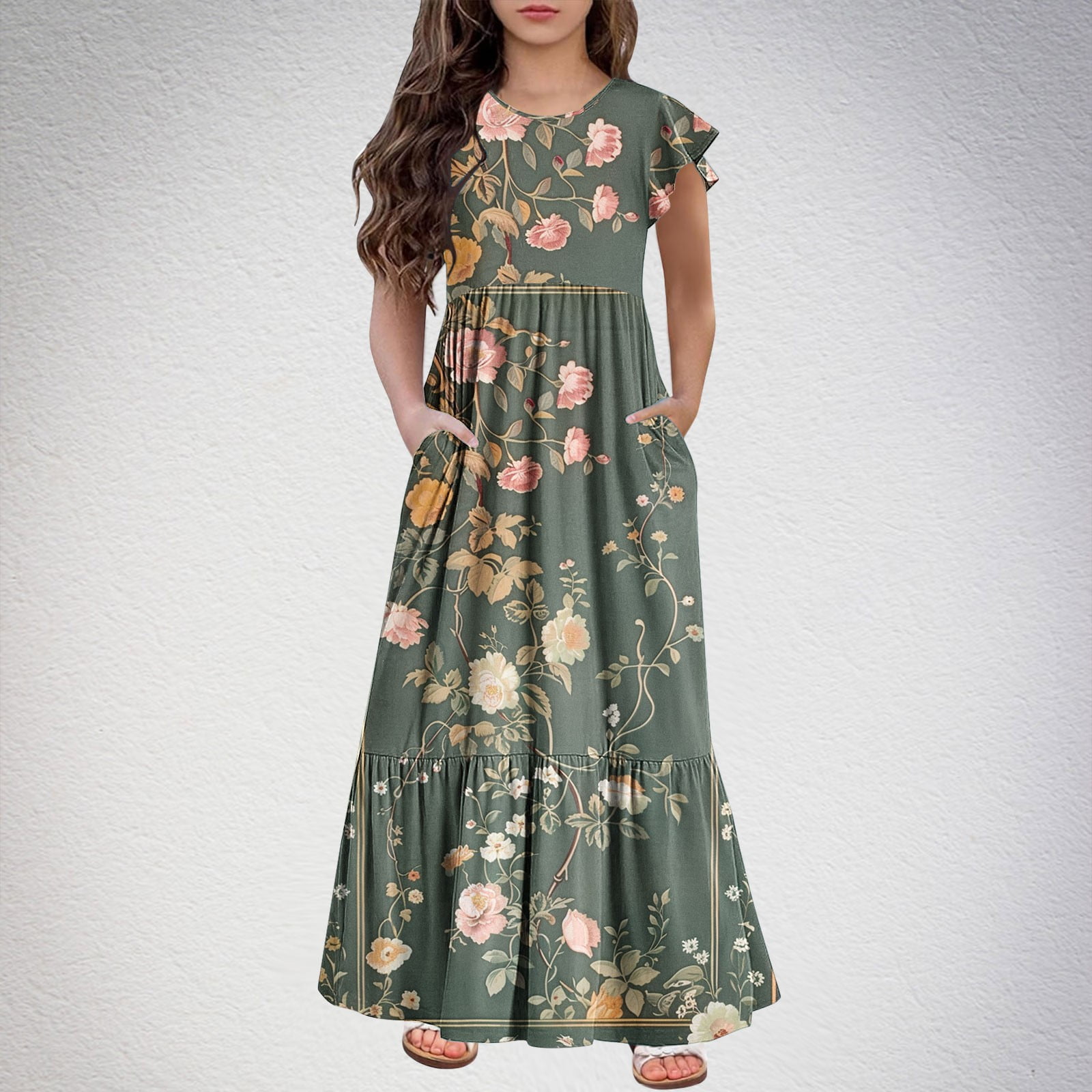 Fatuov Kids Girls Summer Dress Flowy Long Casual Dress Crew Neck Floral ...