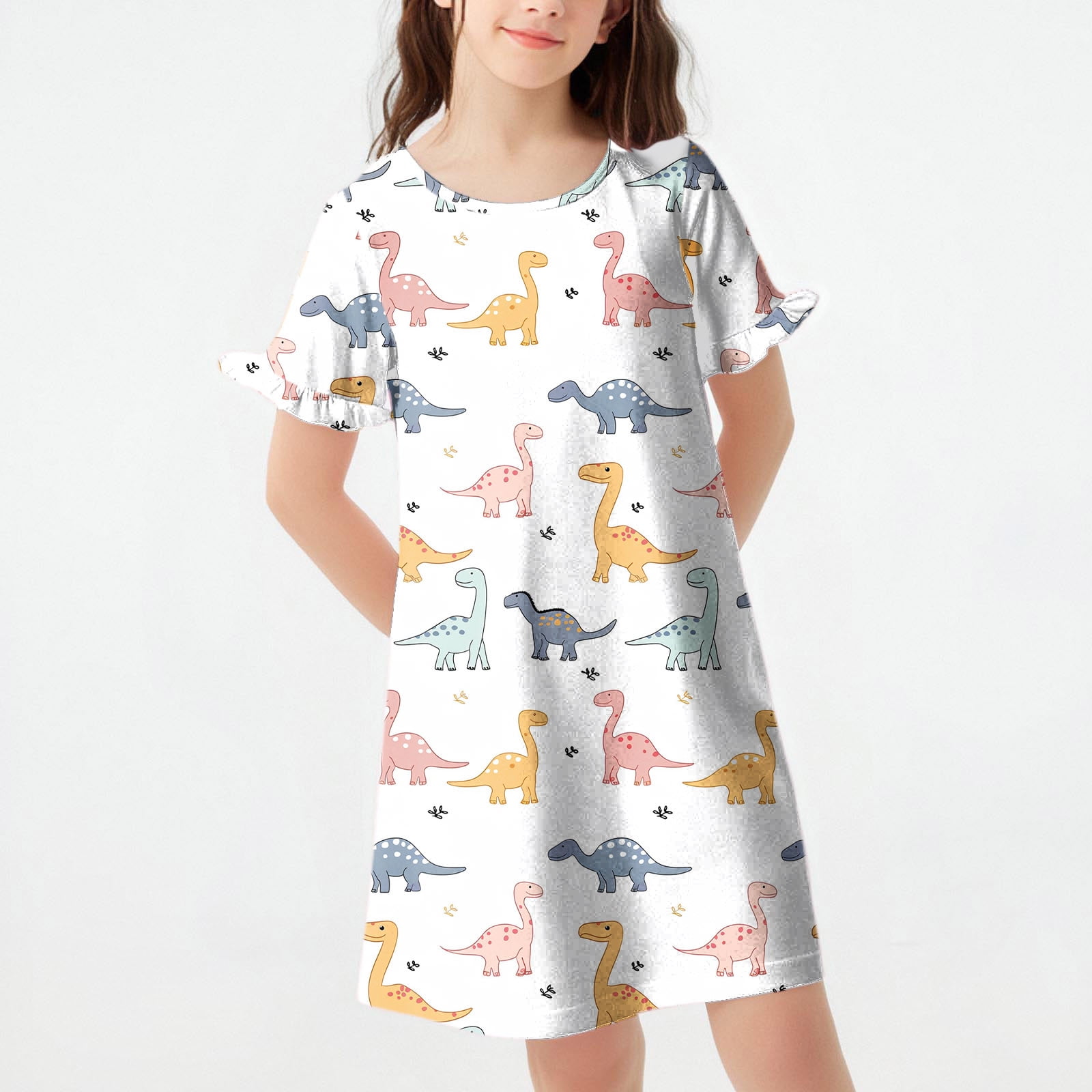 Fatuov Kids Short Sleeve Sundress Crew Neck Lightweight Sleep Dress for ...