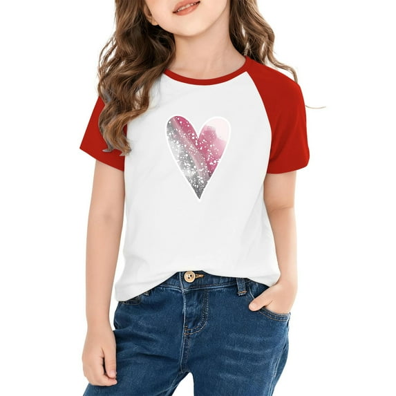 Fatuov Kids Valentines Short Sleeve Tops Heart Print Round Neck Summer ...