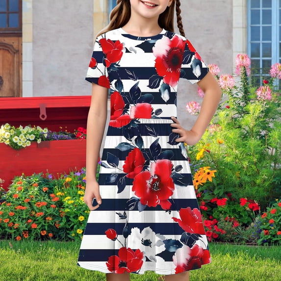 Fatuov Summer Dress for Girls Crew Neck Comfortable A-Line Dress for ...