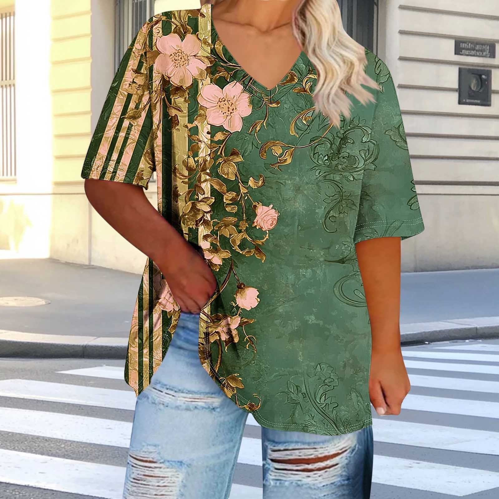 Fatuov Summer Plus Size Tops for Women Short Sleeve Floral Print ...
