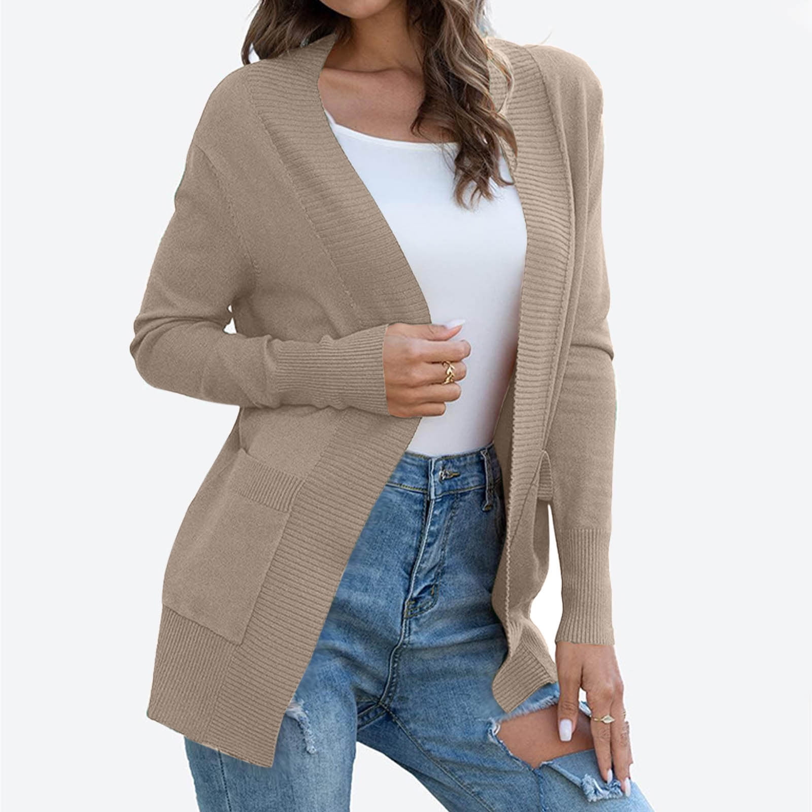 Fatuov Women's Cardigan with Pocket Solid Color Everyday Knit Cardigan ...