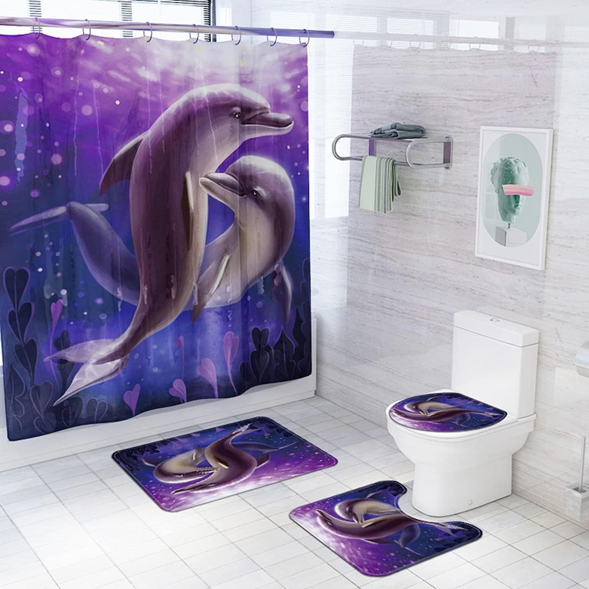 Faty-T 4PCS Cute Dolphin Bathroom Set with Shower Curtain and Rugs ...