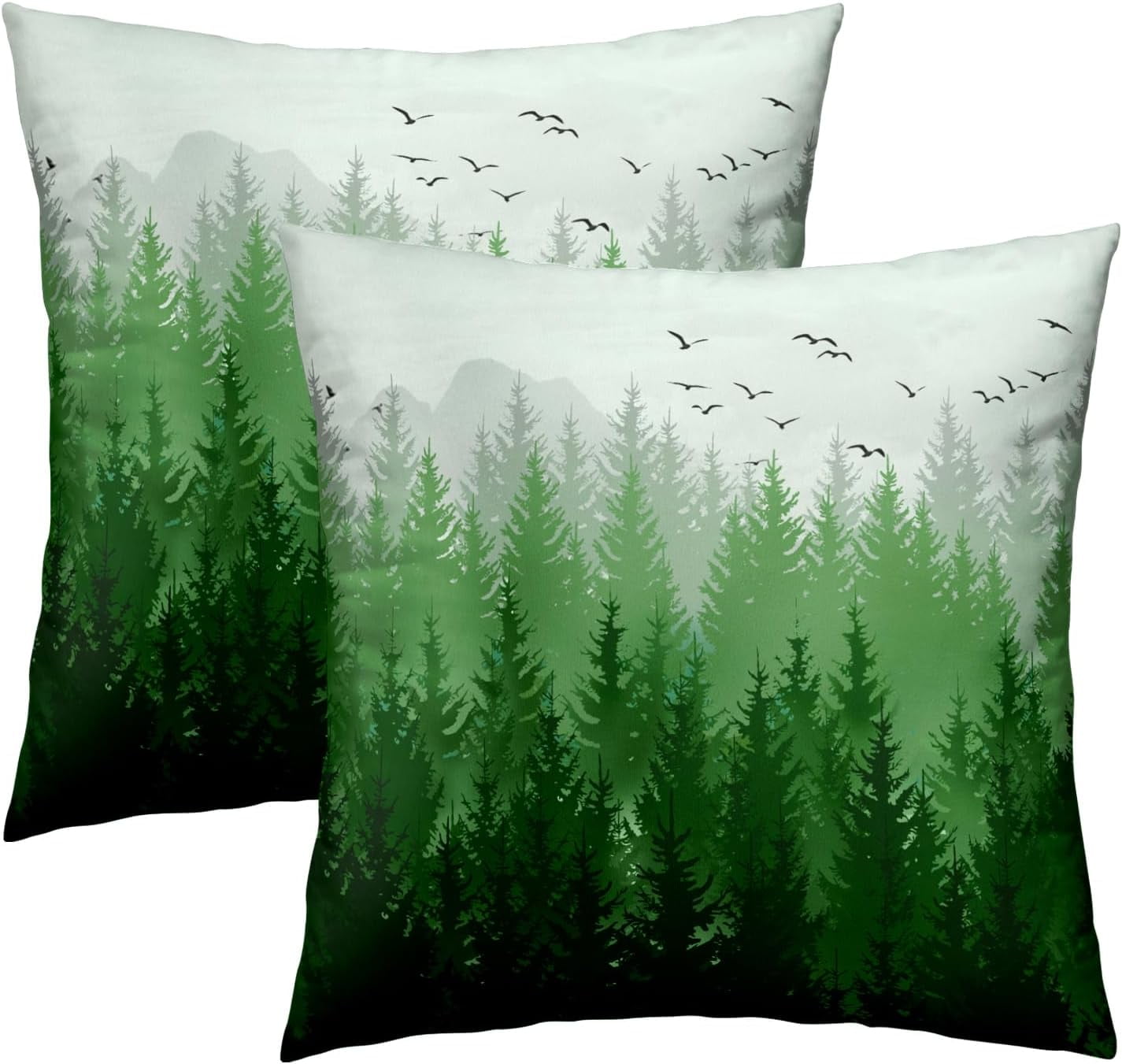 Faty-T Birch Tree Throw Pillow Covers Set of 2, Misty Dark Green Forest Mountain Decorative ...