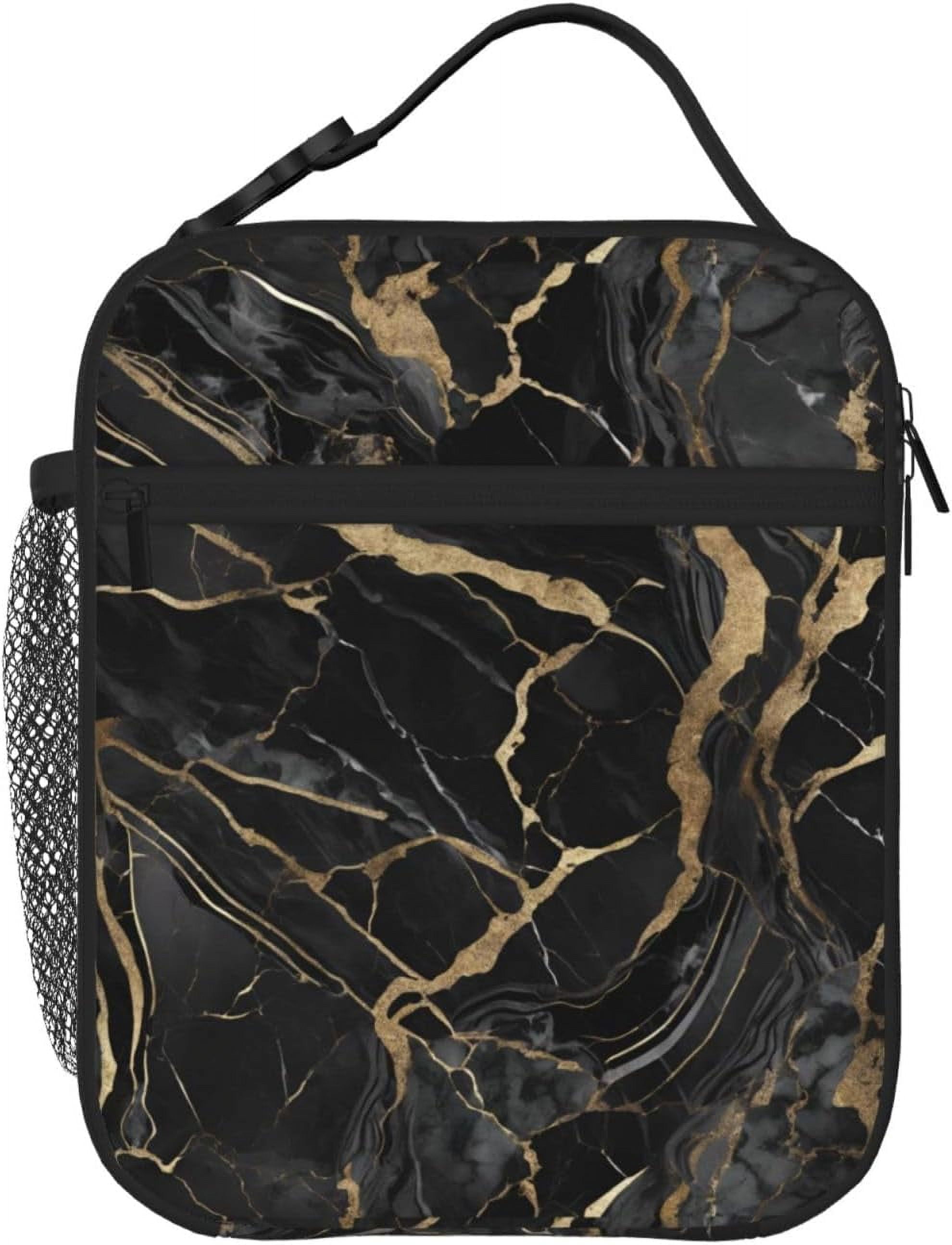 Faty-T Black Golden Marble Texture Print Lunch Bag Insulated Lunch Box ...