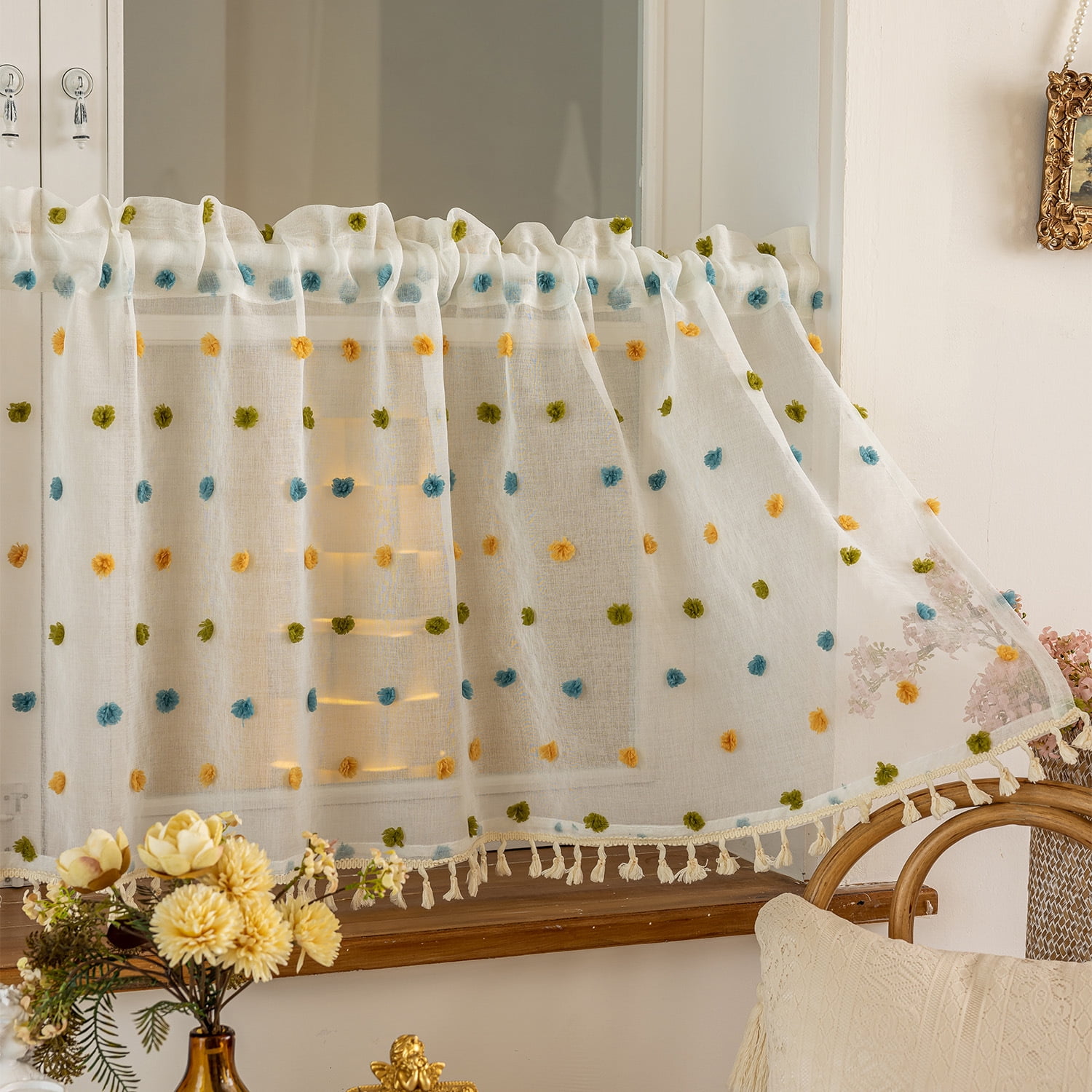 Faty-T Boho Pom Pom Sheer Valance Kitchen Curtains 18 Inches Long 1 ...