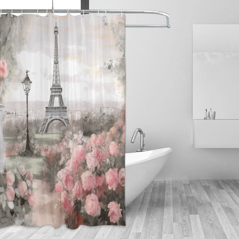 Faty-T Eiffel Tower Pink Floral Waterproof Fabric for Bathtub Bathroom Decor Modern Machine ...