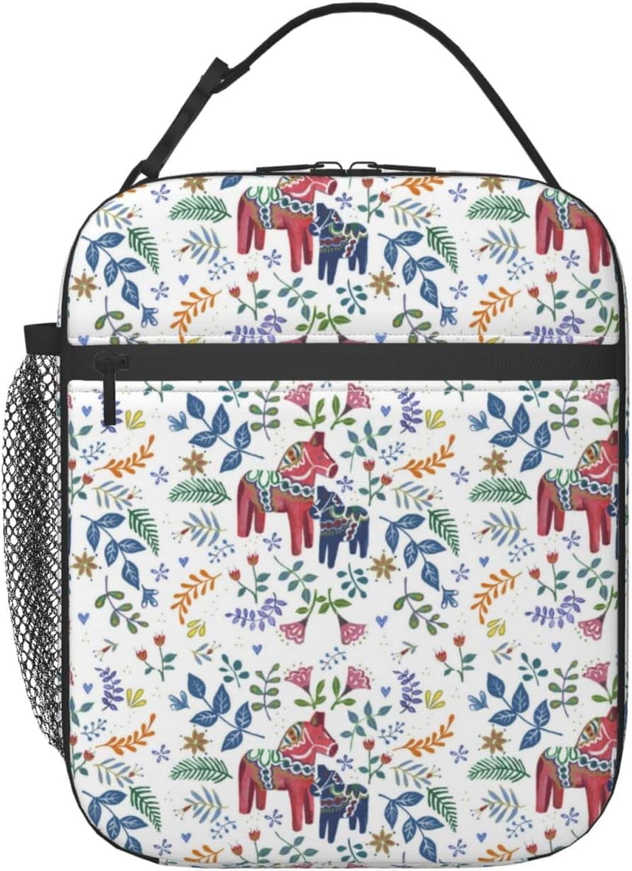Faty-T Floral Swedish Dala Horses Portable Lunch Box Bag Insulated ...