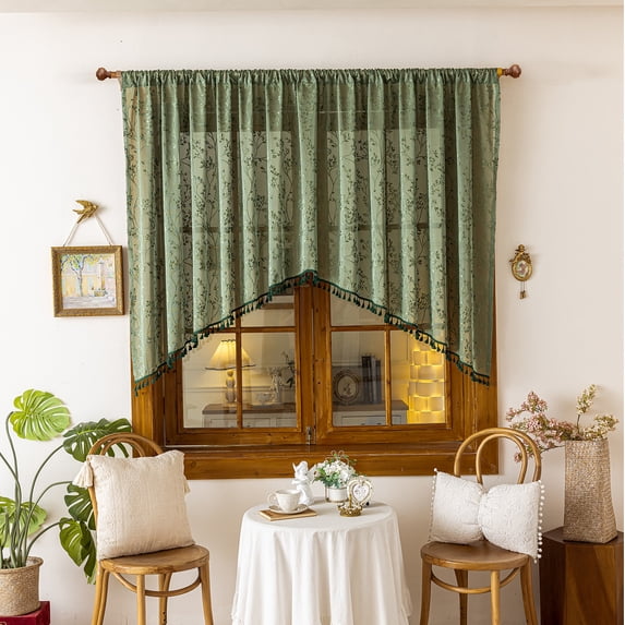 Faty-T Green Semi Sheer Lace Curtain Valance Window Topper with Tassels ...